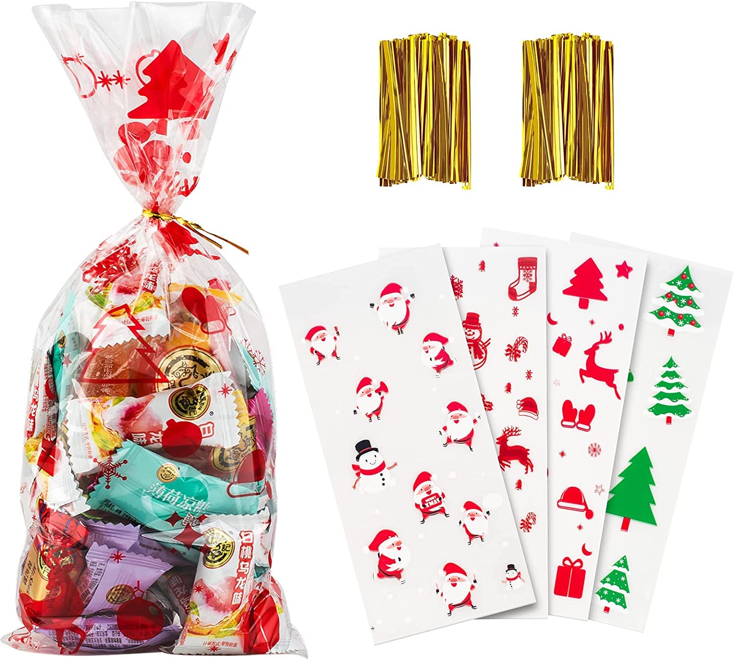 200 PCS Christmas Cellophane Goody Bags Assortment for Holiday Treats, Christmas Party Favors, Cello Candy Bags, Christmas Gifts, Party Supplies, Christmas Goodie Bags