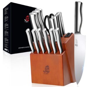 tuo knife block set - 7 piece kitchen knife set with wooden block, kitchen chef knife set - ergonomic pakkawood handle - german hc steel - black hawk series with gift box