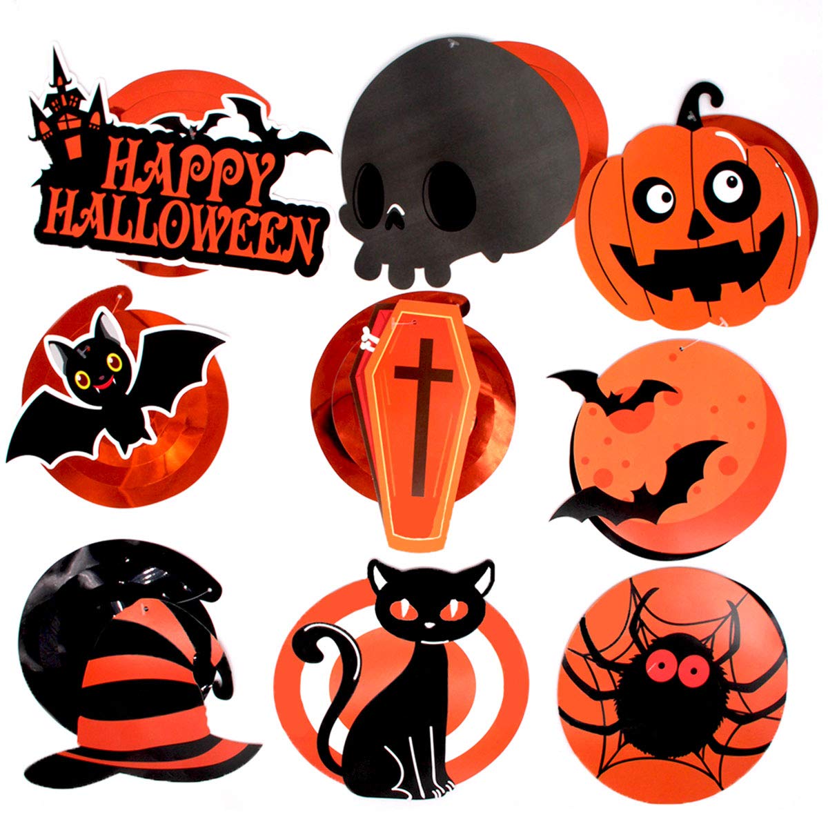 Halloween Hanging Swirls (30Pcs Fully-Assembled) Foil Ceiling Swirls Spirals with Bat Witch Skull Spider Ghost Pumpkin Cutout Halloween Decorations for Party Haunted House Porch Yard Garden Bar