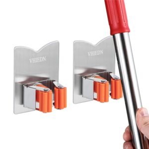 vhiedn broom mop holder wall mounted, stainless steel adhesive single broom hanger hook for bathroom kitchen garage closet rv organizer, v-shape orange, 2 pack