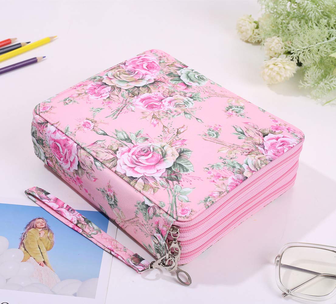 Shulaner 120 Slots Colored Pencil Case with Zipper Closure Large Capacity Pink Rose Oxford Pen Organizer Flower Pencil Holder