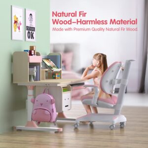 FCD Wood Adjustable Height Kids Study Desk Drafting Table Computer Station Built-in Bookshelf Hutch Multi Function (Pink)