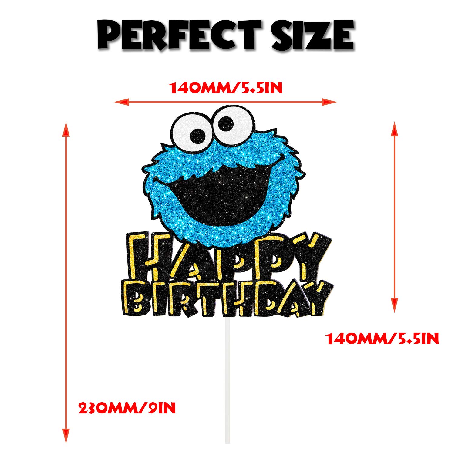 Cookie Monster Happy Birthday Cake Topper - Blue Glitter Happy Birthday - Birthday Party Cartoon Decorations Supplies - Cake Decoration for Girls or Boys