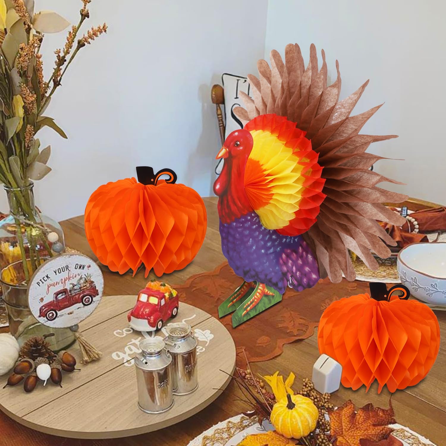 FORUP Thanksgiving Tissue Turkey Decorations, Thanksgiving Turkey Pumpkin Centerpiece Table Decoration with Artificial Maple Leaves for Thanksgiving Harvest Party Table Centerpiece Accessories