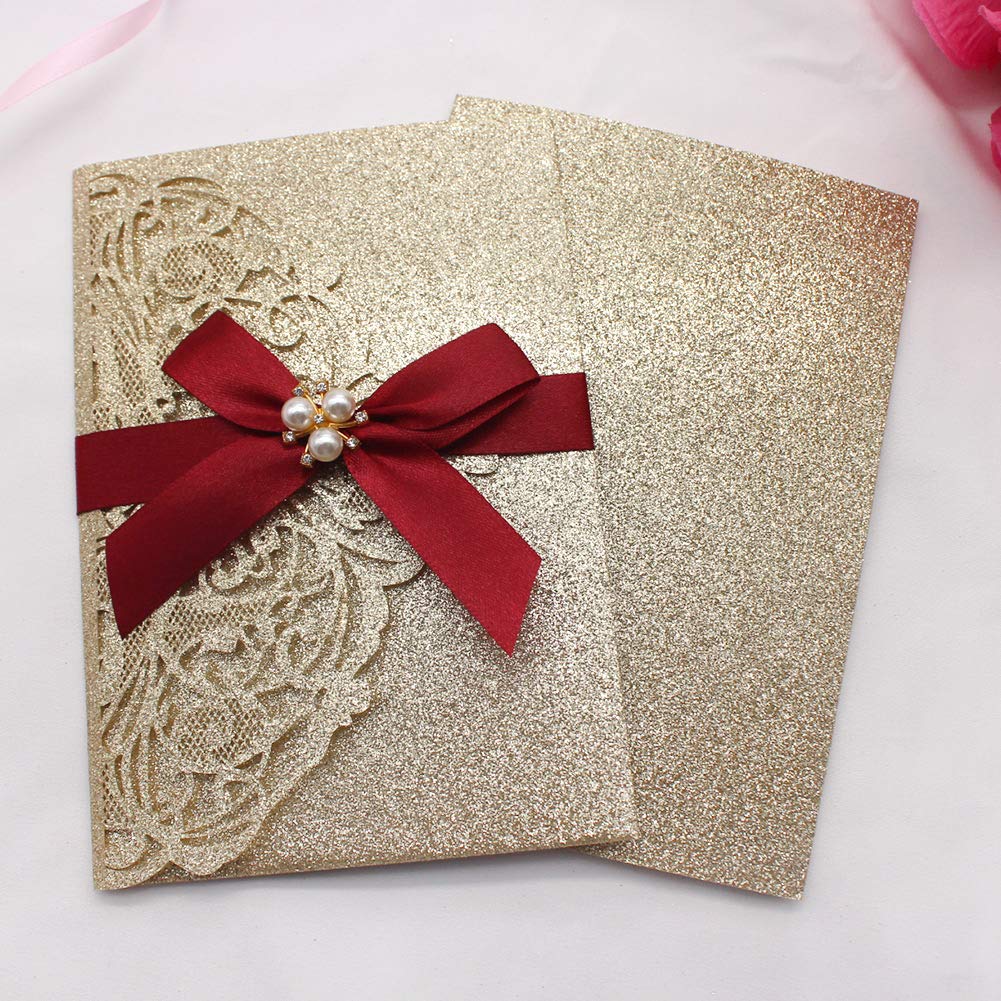 AdasBridal 25Pcs 250GSM Tri-Fold Glitter Wedding Invitations with RSVP Cards and Envelopes for Wedding Engagement Bridal Shower Birthday Quinceanera Party Invite(Gold Glitter, 7.09 X 4.92inch)