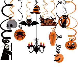 Halloween Hanging Swirls (30Pcs Fully-Assembled) Foil Ceiling Swirls Spirals with Bat Witch Skull Spider Ghost Pumpkin Cutout Halloween Decorations for Party Haunted House Porch Yard Garden Bar