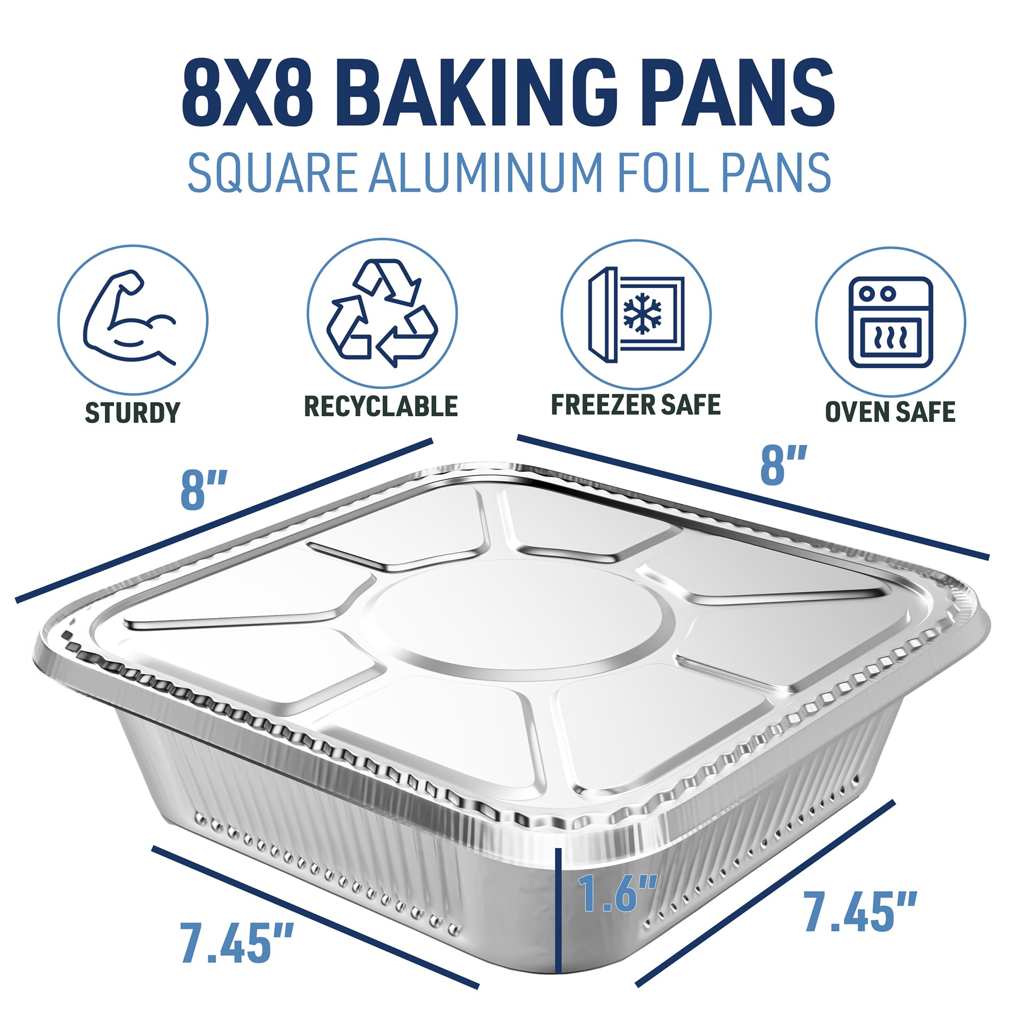 DOBI 8x8 Aluminum Foil Pans With Lids (20 Pack) - 8 Inch Disposable Square Baking Pans with Foil Lids - Tins for Cake, Casserole, Lasagna, Meatloaf, or Brownie. Standrad Size: 8" x 8" x 1.75"