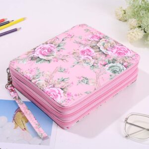 Shulaner 120 Slots Colored Pencil Case with Zipper Closure Large Capacity Pink Rose Oxford Pen Organizer Flower Pencil Holder