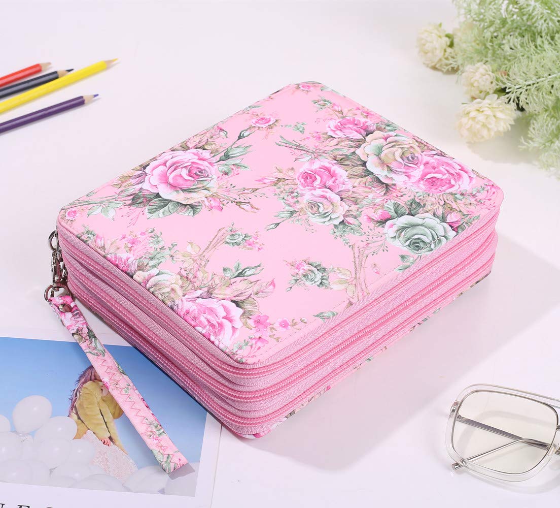 Shulaner 120 Slots Colored Pencil Case with Zipper Closure Large Capacity Pink Rose Oxford Pen Organizer Flower Pencil Holder