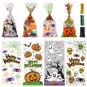 steford halloween cellophane bags,200pcs clear candy cookie treat bags with 400 piece twist ties for halloween party favor supplies