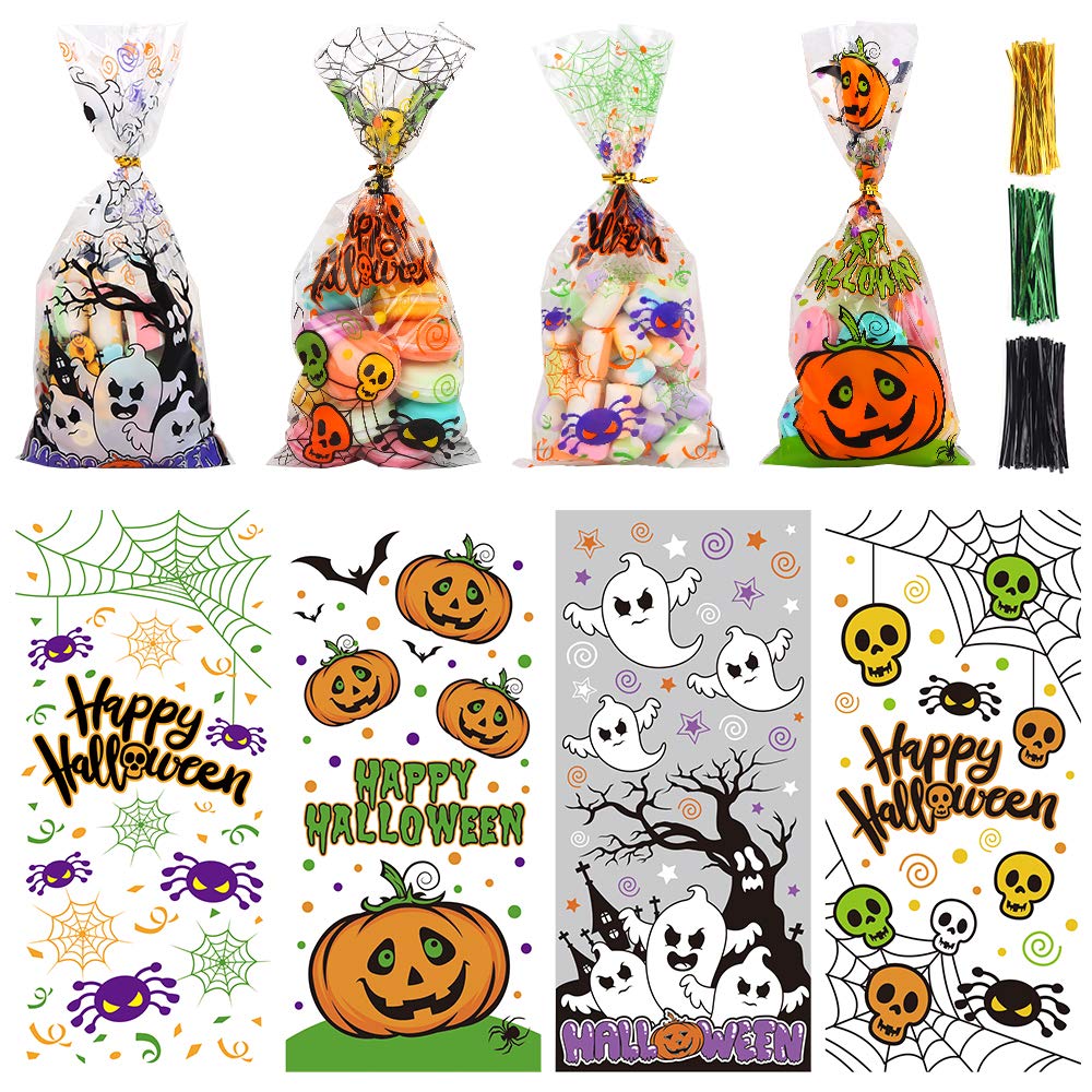 STEFORD Halloween Cellophane Bags,200PCS Clear Candy Cookie Treat Bags with 400 Piece Twist Ties for Halloween Party Favor Supplies