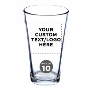 discount promos custom beer pint glasses 16 oz. set of 10, personalized bulk pack - heavy duty glassware for restaurant, thick base and walls, stackable - clear