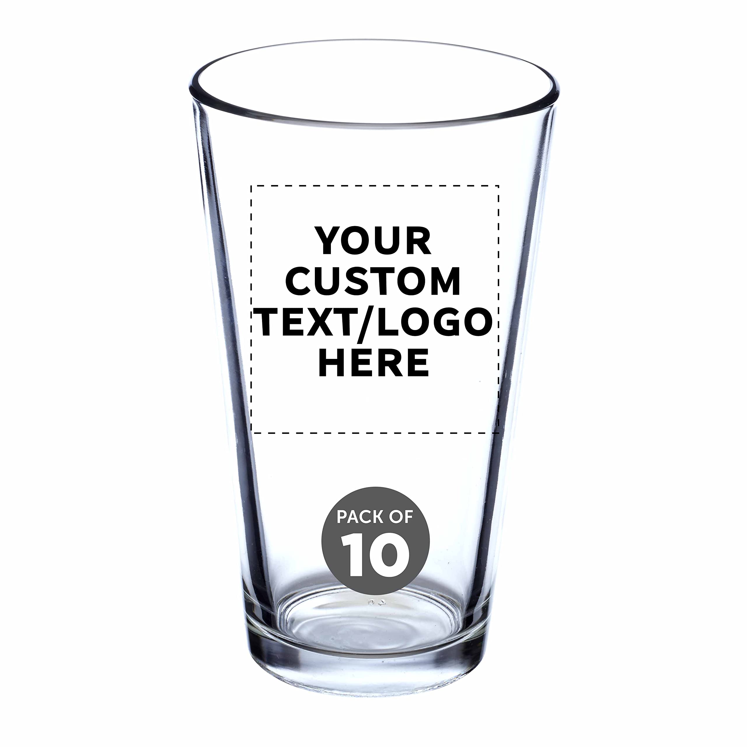 DISCOUNT PROMOS Custom Beer Pint Glasses 16 oz. Set of 10, Personalized Bulk Pack - Heavy Duty Glassware for Restaurant, Thick Base and Walls, Stackable - Clear