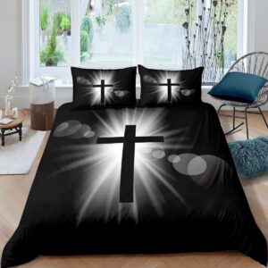 feelyou 3d cross print comforter cover set for boys girls adults holy cross bedding set western culture duvet cover christian exotic bedspread cover,room decor 3pcs bedding queen size,black