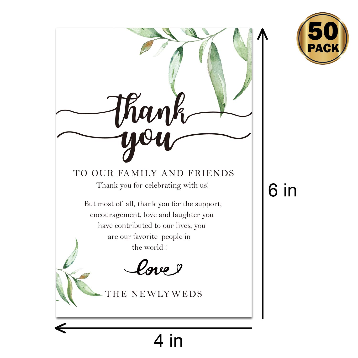 Giftideaworkshop 50 Wedding Reception Thank You Cards - Greenery Thank You Table Place Setting Cards-Great Addition to Your Table Centerpiece, Place Setting and Wedding Decorations, 4x6 inch.