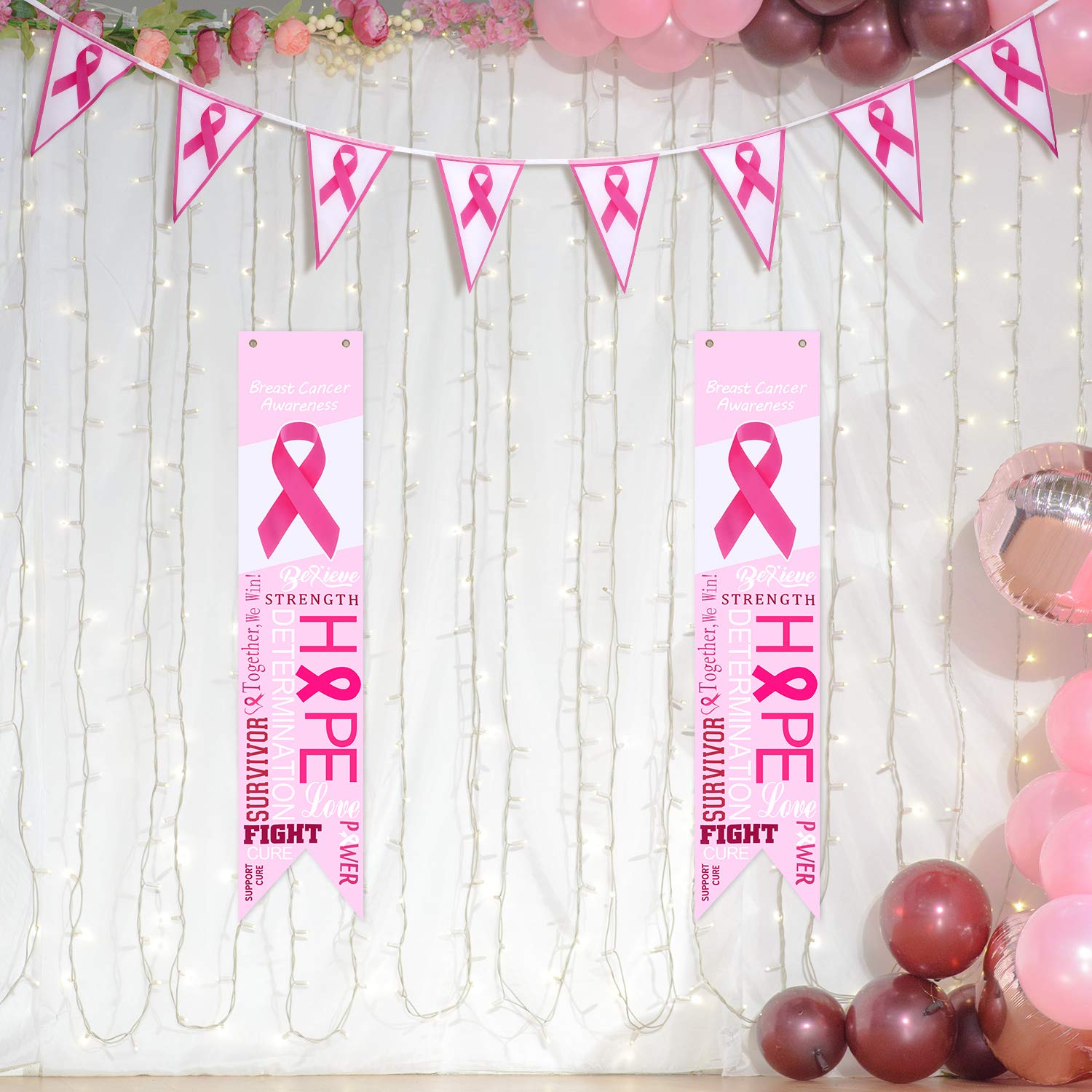 3 Pieces Breast Cancer Banner Breast Cancer Awareness Decorations includes Pink Pennant Banner, 2 Pieces Breast Cancer Awareness Pink Ribbon Banner for Party Event Decoration Supplies