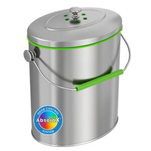 itouchless stainless steel compost bin 1.6 gallon includes absorbx odor filter system, pest-proof, titanium rust-free space-efficient slim oval shape 6 liter kitchen countertop trash can