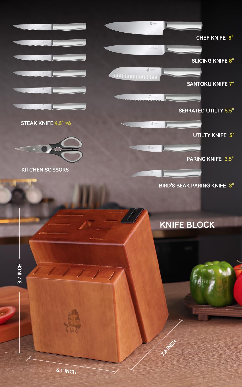 TUO Knife Block Set - 7 piece Kitchen Knife Set with Wooden Block, Kitchen Chef Knife Set - Ergonomic Pakkawood Handle - German HC Steel - BLACK HAWK SERIES with Gift Box