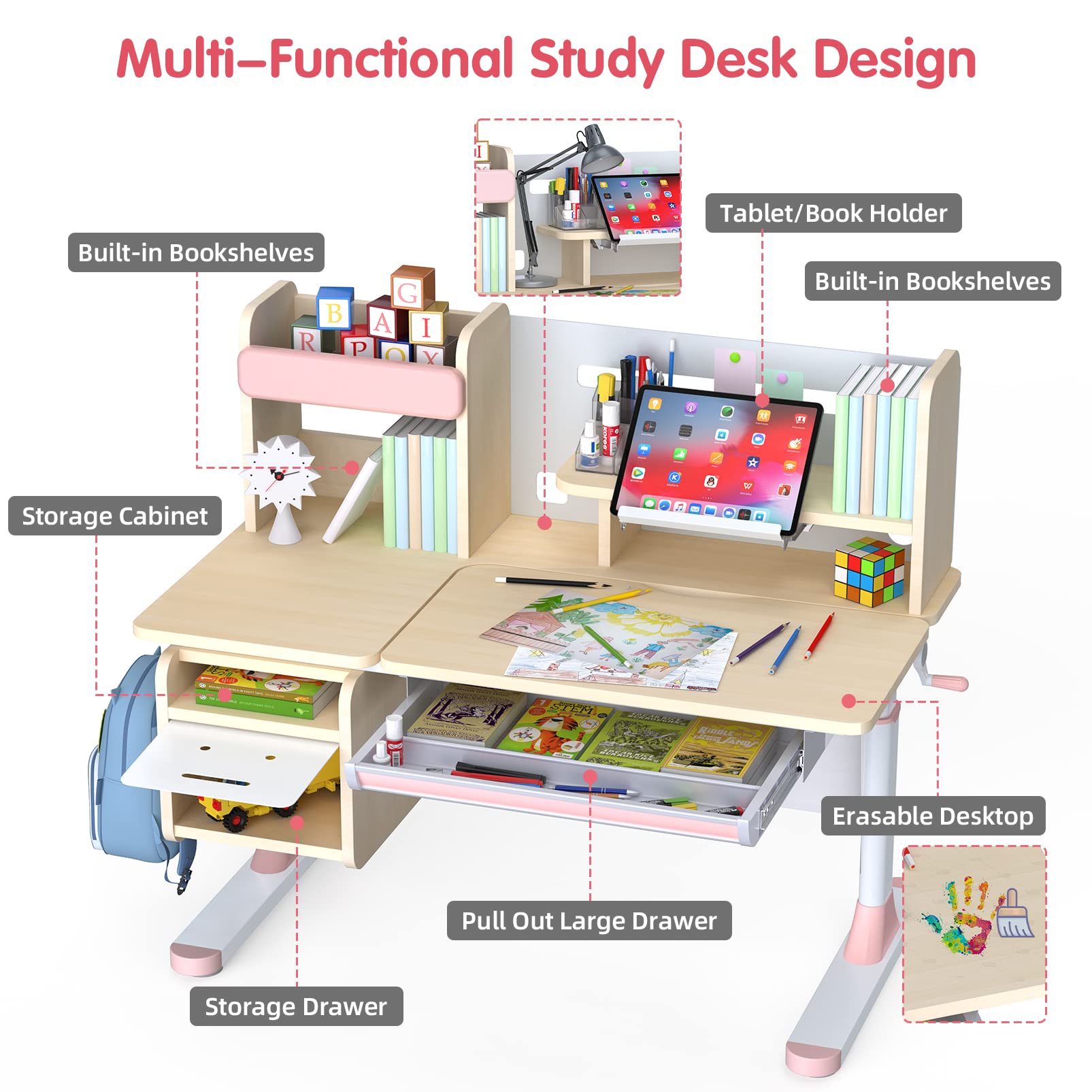 FCD Wood Adjustable Height Kids Study Desk Drafting Table Computer Station Built-in Bookshelf Hutch Multi Function (Pink)