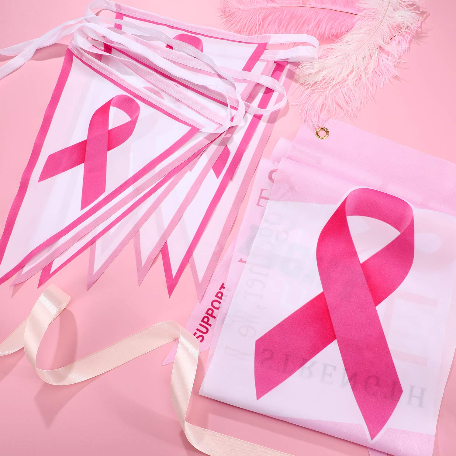 3 Pieces Breast Cancer Banner Breast Cancer Awareness Decorations includes Pink Pennant Banner, 2 Pieces Breast Cancer Awareness Pink Ribbon Banner for Party Event Decoration Supplies