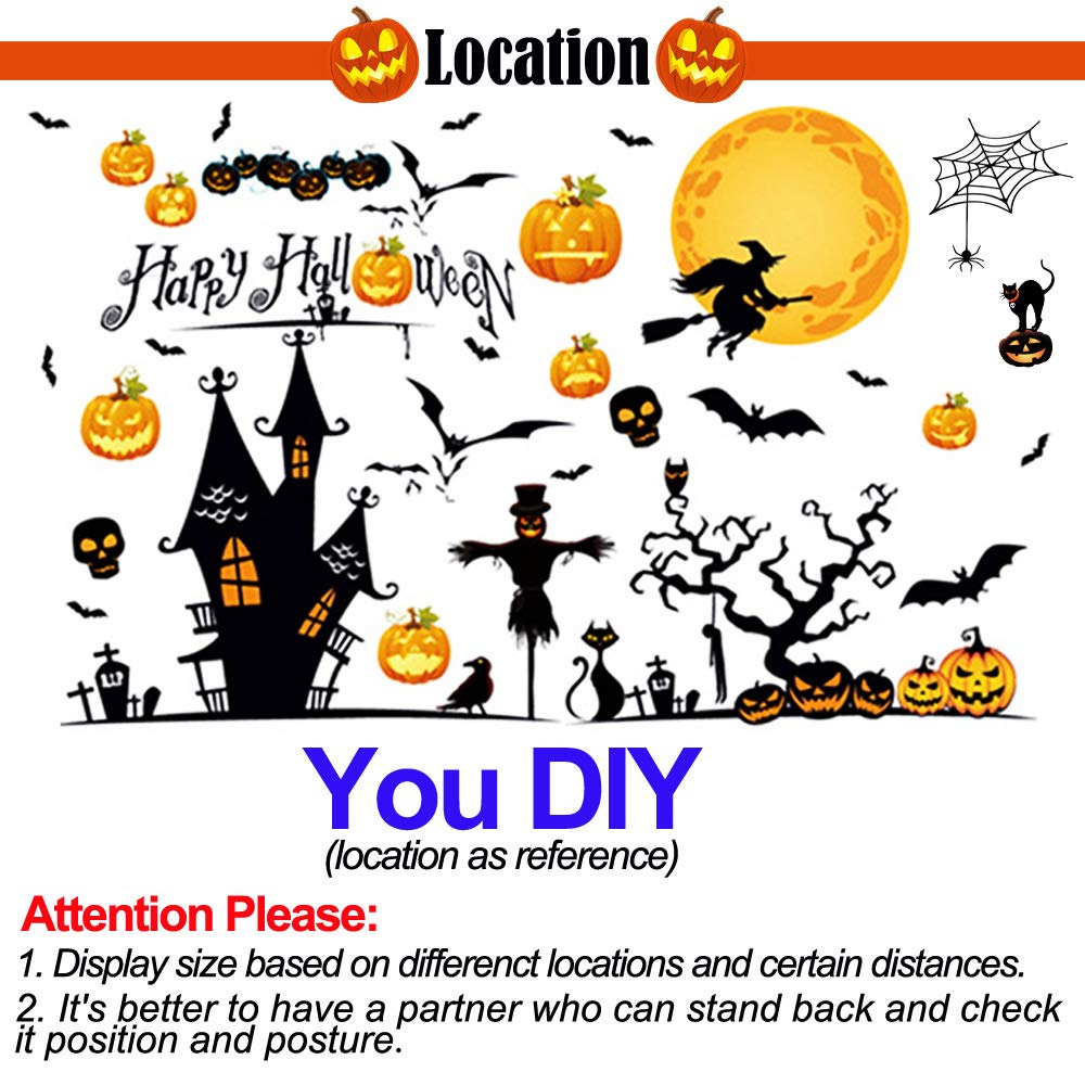 Happy Halloween Home Decor Wall Stickers Witch Bats Spiders Pumpkin Lantern Cat Bedroom Living Room Wall Decals Party Supplies