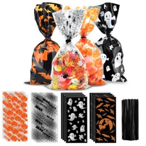 erkoon 200pcs halloween candy bags pumpkin spider web bat ghost print candy bags halloween treat candy twist ties gift bags kids candy bags for halloween party