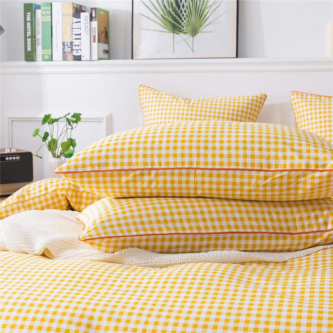 FADFAY Yellow Plaid Duvet Cover Set Twin XL 100% Cotton Soft Grid Bedding Reversible Gingham Checker Bedding with Zipper Closure 3Pcs, 1Duvet Cover & 2Pillowcases,Twin Extra Long Size for Dorm Room