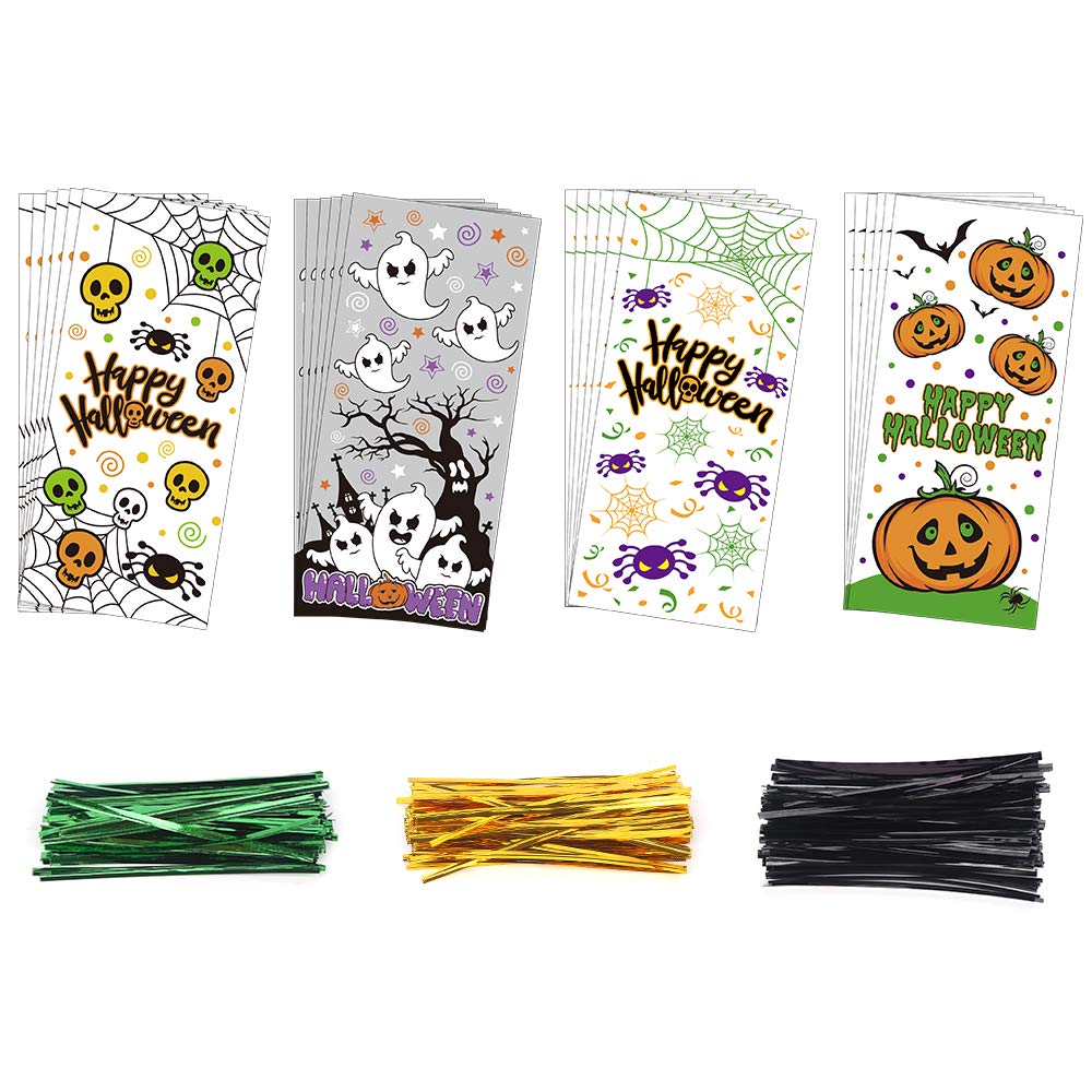 STEFORD Halloween Cellophane Bags,200PCS Clear Candy Cookie Treat Bags with 400 Piece Twist Ties for Halloween Party Favor Supplies