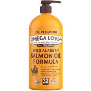 petsmont omega love+ wild alaskan salmon oil for dogs formula 32 oz - fish omega liquid pump cats supports joint function immune heart health food supplement pets natural epa dha fatty acids