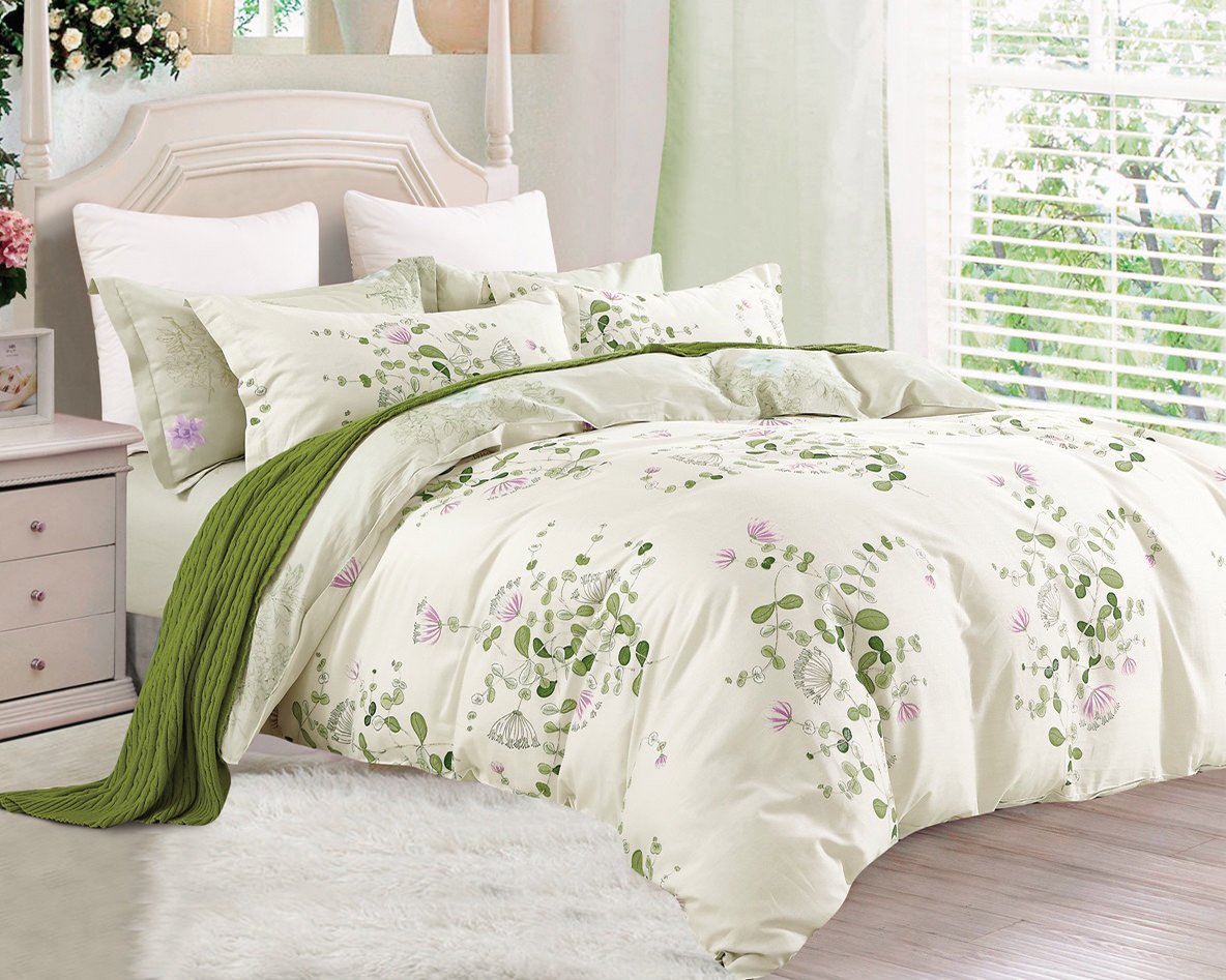 Swanson Beddings Graceful and Chic Floral Print 3pc 100% Cotton Bedding Set: Duvet Cover and Two Pillow Shams - Queen Size