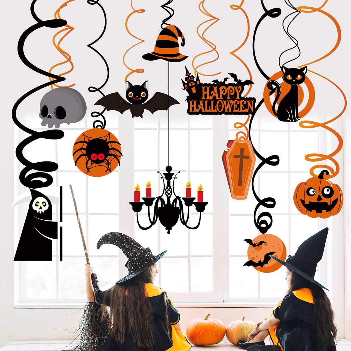 Halloween Hanging Swirls (30Pcs Fully-Assembled) Foil Ceiling Swirls Spirals with Bat Witch Skull Spider Ghost Pumpkin Cutout Halloween Decorations for Party Haunted House Porch Yard Garden Bar