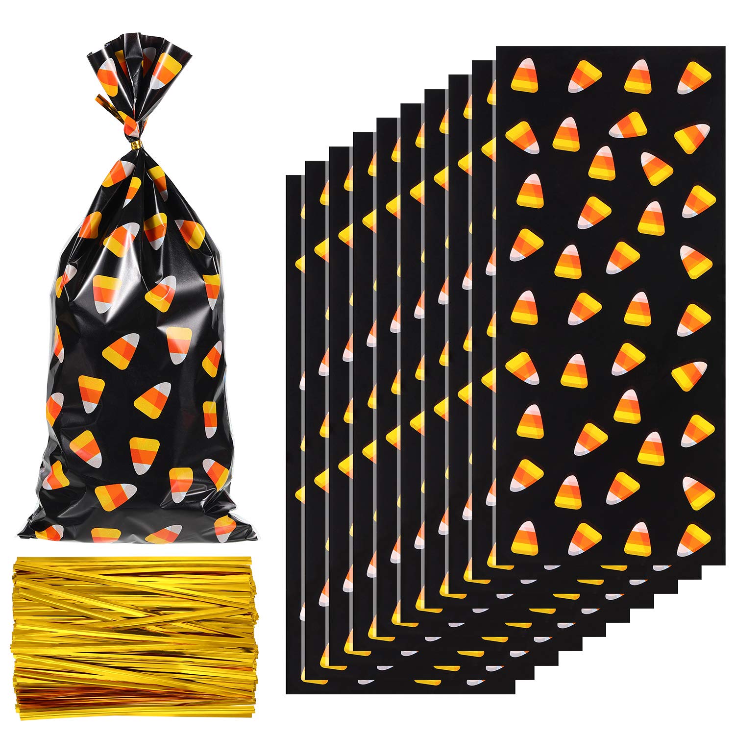 100 Pieces Halloween Cellophane Bags Candy Corn Pattern Cello Treat Bags with 200 Pieces Gold Twist Ties for Chocolate Candy Cookies and Snacks