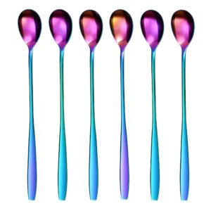 grÄwe long handle iced tea spoon, coffee spoon, ice cream spoon, spoons for desserts, stainless steel, cocktail stirring spoons, set of 6, dishwasher safe, rainbow