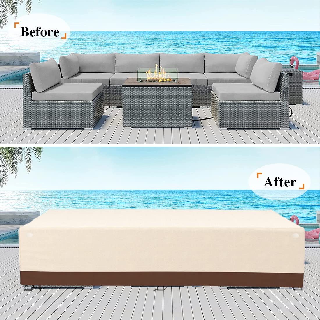 Tuyeho Patio Furniture Set Cover 126 x 64 x 28 inch, Durable Heavy Duty Oxford Fabric Outdoor Sectional Set Cover, Waterproof & Weather Resistant, for Your Outdoor Sectional Sofa Set (Beige & Brown)