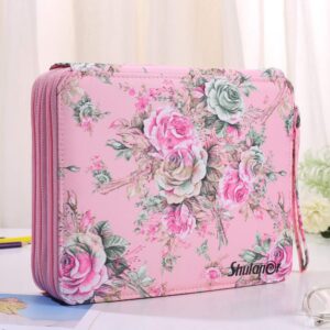 Shulaner 120 Slots Colored Pencil Case with Zipper Closure Large Capacity Pink Rose Oxford Pen Organizer Flower Pencil Holder