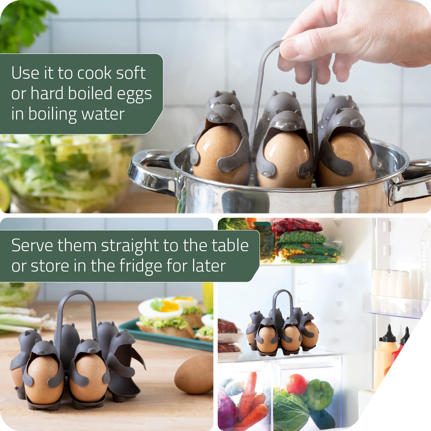 PELEG DESIGN Eggbears 3-in-1 Cook, Store and Serve Egg Holder, Bear-Shaped Boiled Egg Cooker for Making Soft or Hard Boiled Eggs, Holds 6 Eggs for Easy Cooking and Fridge Storage