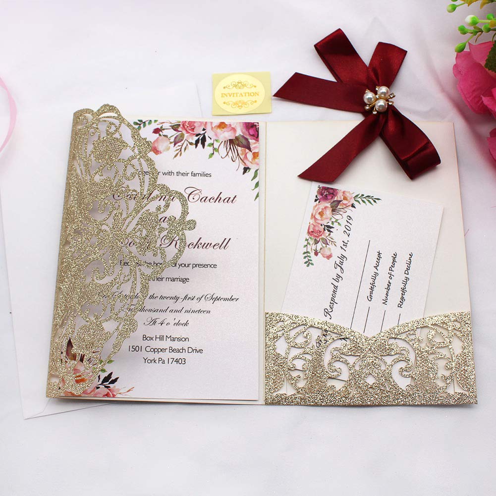 AdasBridal 25Pcs 250GSM Tri-Fold Glitter Wedding Invitations with RSVP Cards and Envelopes for Wedding Engagement Bridal Shower Birthday Quinceanera Party Invite(Gold Glitter, 7.09 X 4.92inch)