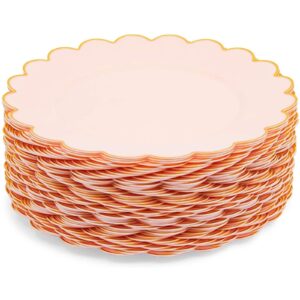 Sparkle and Bash 50 Pack Pink and Gold Plastic Plates, 9 Inch Scalloped Plates with Gold Rim for Birthday Party, Baby Shower