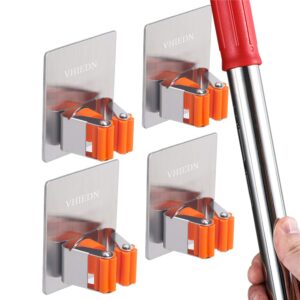 vhiedn broom and mop holder wall mounted, stainless steel self-adhesive single broom hanger hook,organizer rack for kitchen garage closet pantry refrigerator,rectangle - orange (4 pack)