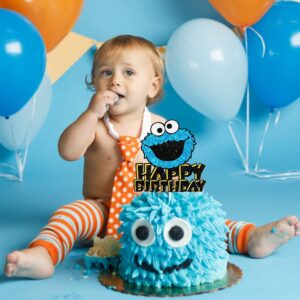 Cookie Monster Happy Birthday Cake Topper - Blue Glitter Happy Birthday - Birthday Party Cartoon Decorations Supplies - Cake Decoration for Girls or Boys