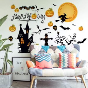 happy halloween home decor wall stickers witch bats spiders pumpkin lantern cat bedroom living room wall decals party supplies