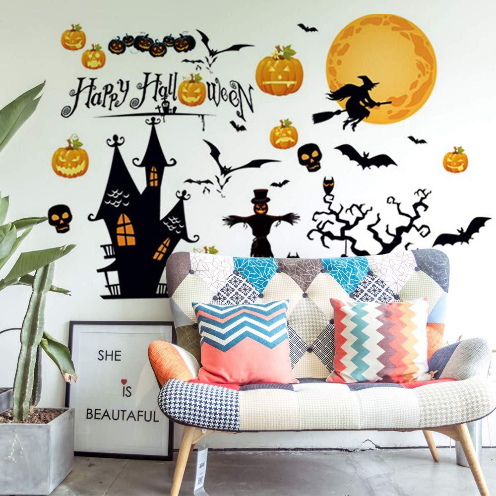 Happy Halloween Home Decor Wall Stickers Witch Bats Spiders Pumpkin Lantern Cat Bedroom Living Room Wall Decals Party Supplies