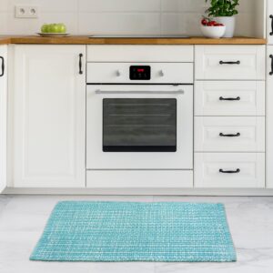 Chardin home Cotton Washable Rug Turquoise and White | 21x34 Bathroom Rug Kitchen entryway | Reversible Handwoven Rug Machine Washable.