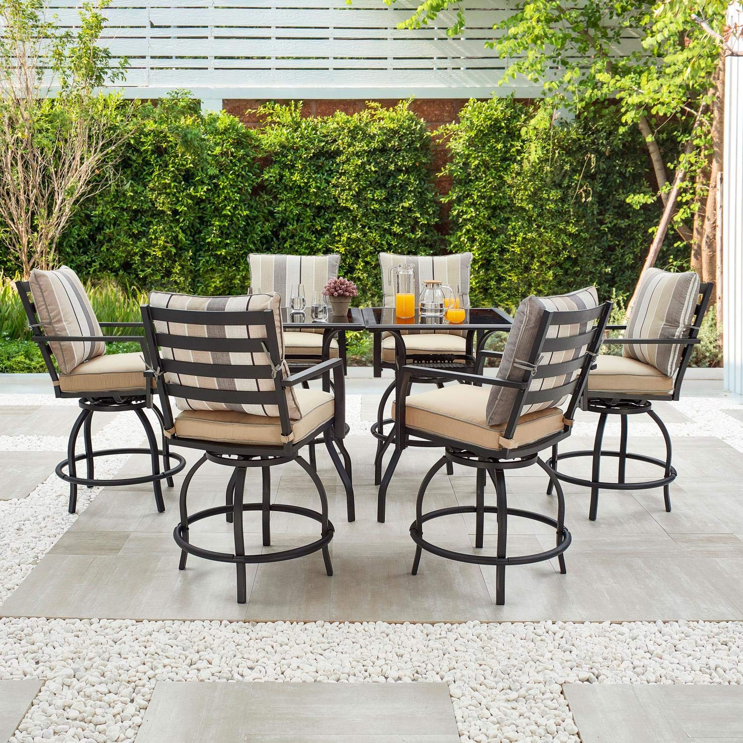 Patio Festival Outdoor Swivel Bar Stools Patio Height Chairs Set Includes 6 Bistro Chairs and 2 Glass Top Tables All-Weather Steel Frame Furniture for Lawn Yard Deck and Pool