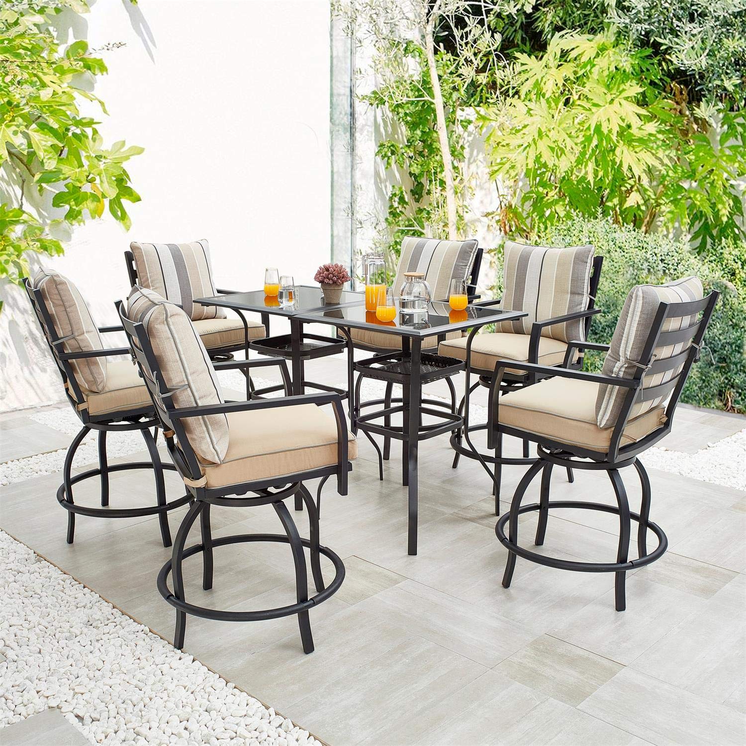 Patio Festival Outdoor Swivel Bar Stools Patio Height Chairs Set Includes 6 Bistro Chairs and 2 Glass Top Tables All-Weather Steel Frame Furniture for Lawn Yard Deck and Pool