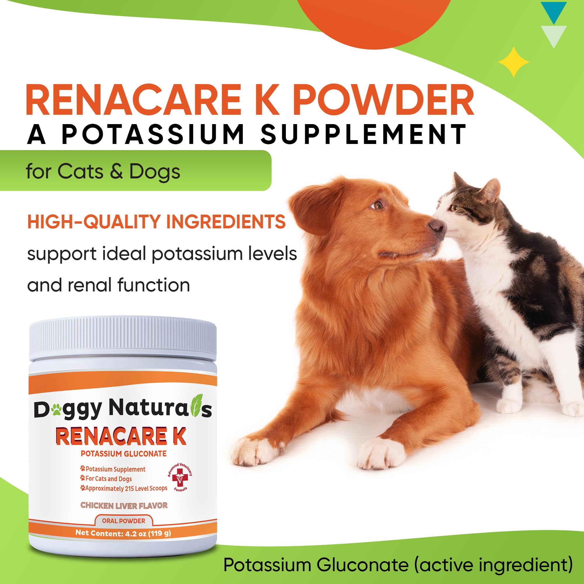 RenaCare K is for Renal K (Potassium Gluconate) Potassium Supplement Powder for Dogs and Cats, (4 oz) with Chicken Liver Flavor - 215 Level Scoop (Made is U.S.A)