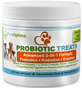 pureoptima probiotics chews for dogs, digestive enzymes + prebiotics improves digestion, diarrhea, constipation, gas, bad breath, leaky gut, allergy immunity daily supplement 120 counts