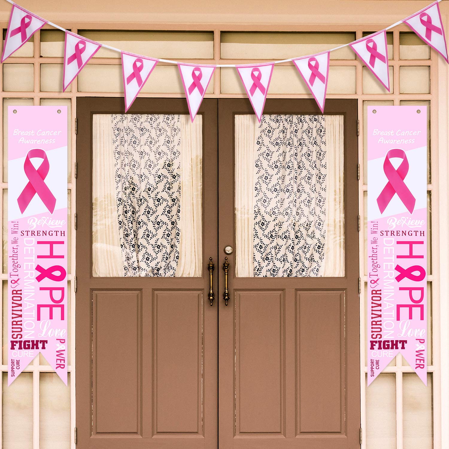 3 Pieces Breast Cancer Banner Breast Cancer Awareness Decorations includes Pink Pennant Banner, 2 Pieces Breast Cancer Awareness Pink Ribbon Banner for Party Event Decoration Supplies