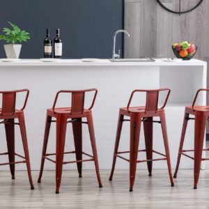 HAOBO Home 30" Metal Bar Stools Industrial Barstools Counter Height Stools for Indoor/Outdoor Barstools [Set of 4] (30", Low Back Distressed Red)