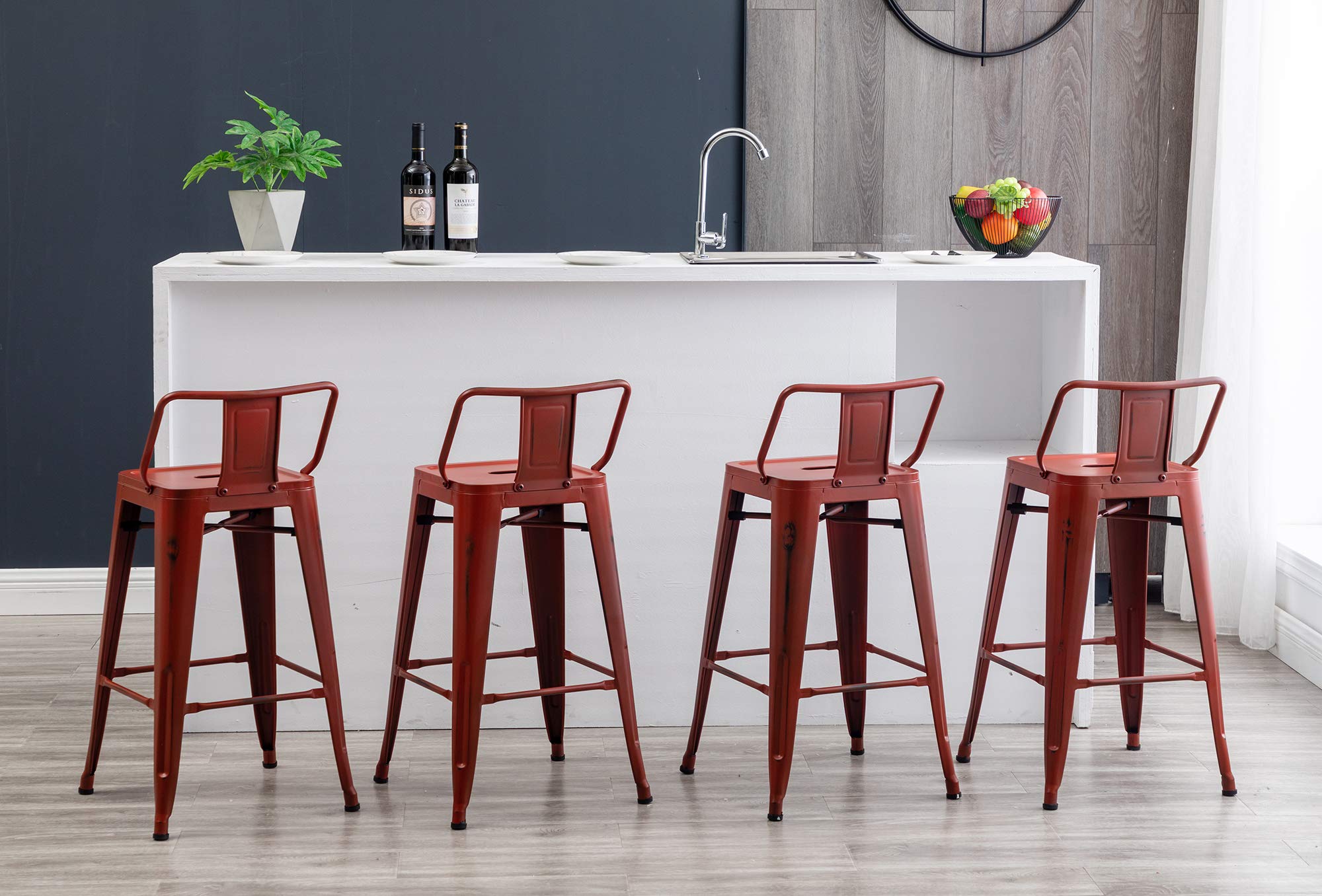 HAOBO Home 30" Metal Bar Stools Industrial Barstools Counter Height Stools for Indoor/Outdoor Barstools [Set of 4] (30", Low Back Distressed Red)